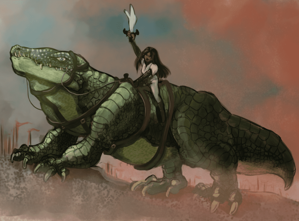A Lady Riding a Giant Lizard! | Yon and Yonder Studio LLC